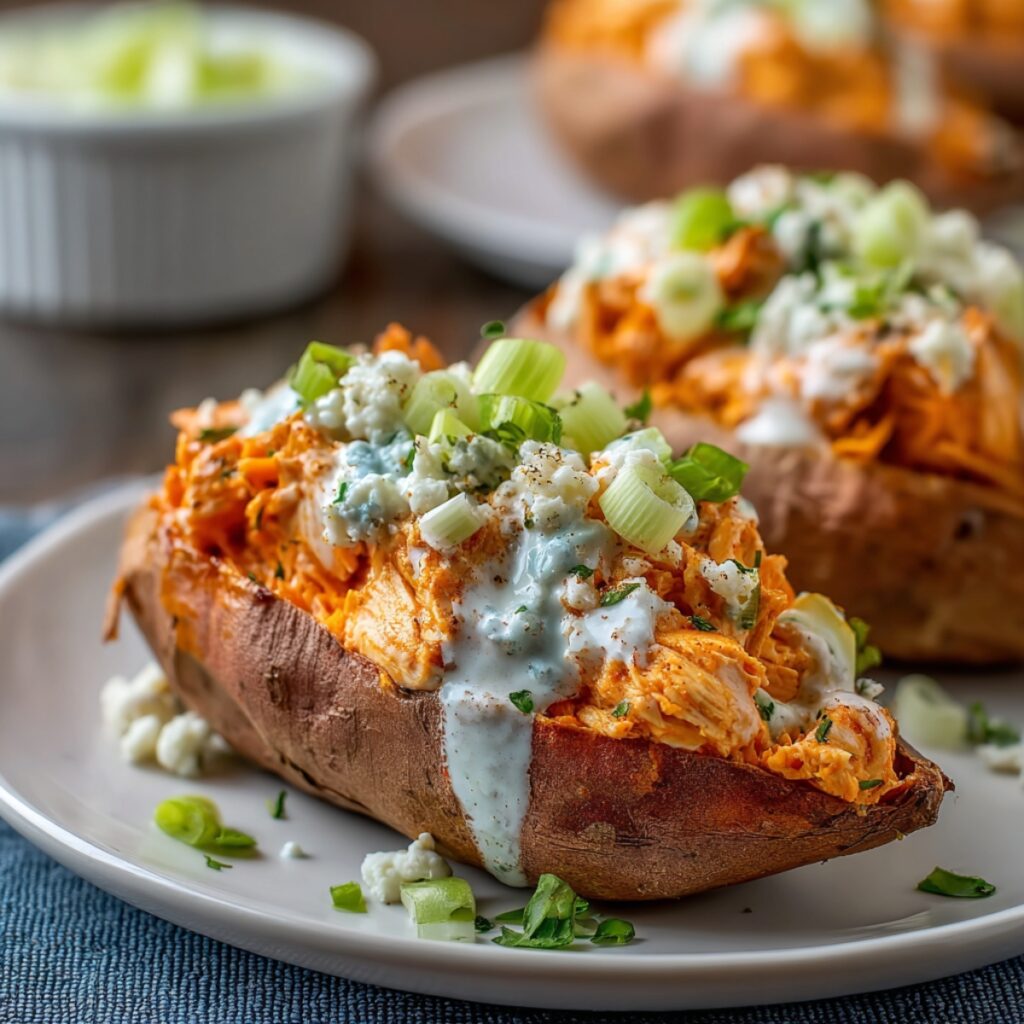 Easy Buffalo Chicken Stuffed Sweet Potatoes